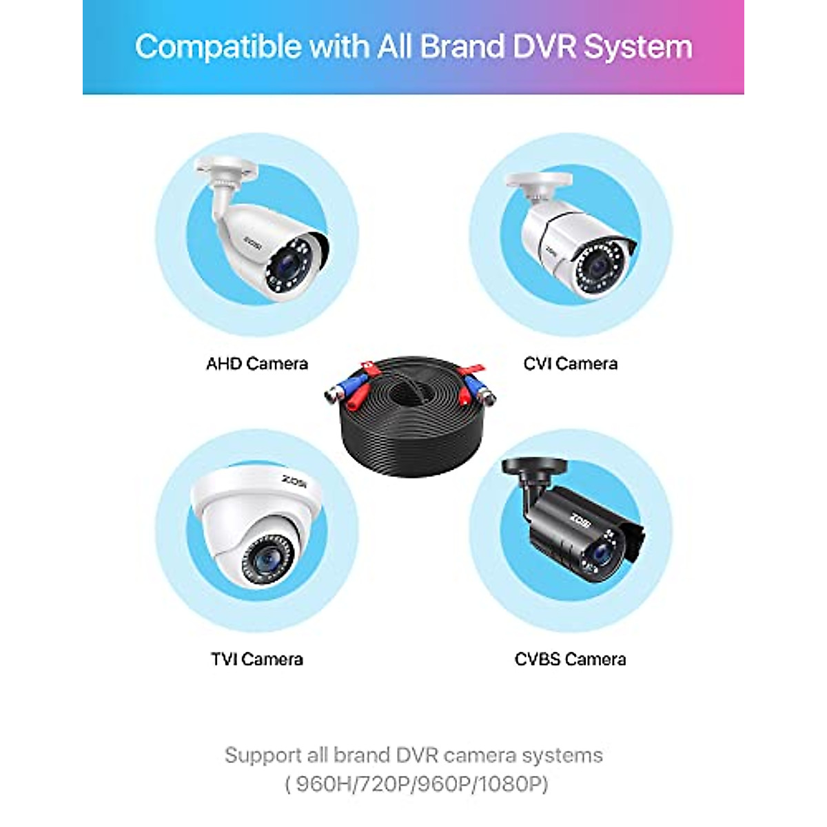 ZOSI 4 Pack 150ft (45 Meters) All-in-One Video Power Cable, BNC Extension Surveillance Camera Cables for Video Security DVR Camera Systems (Included 4X BNC Connectors and 4X RCA Adapters)-Black Color