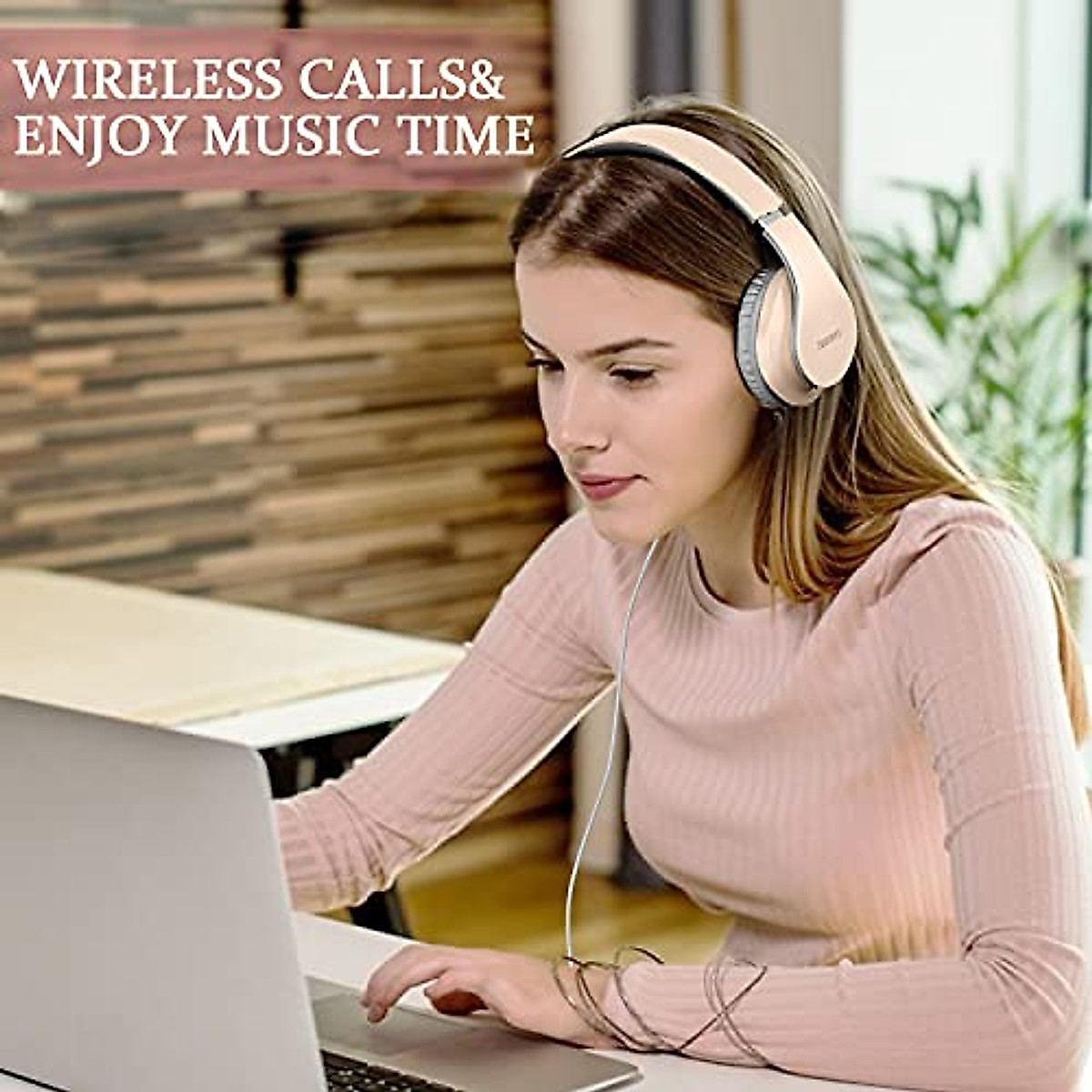 TUINYO Wireless Headphones Over Ear, Bluetooth Headphones with Microphone, Foldable Stereo Wireless Headset-Rose Gold/Apricot