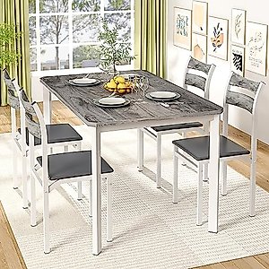 DKLGG Dining Table Set for 4, 43.3" Dining Room Table with 4 Upholstered PU Leather Chairs, Modern Wood Kitchen Table and Chairs Set, 5-Piece Dinette Set for Breakfast Nook, Small Places, Grey