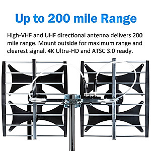 Five Star Multi-Directional 4V HDTV Antenna - up to 200 Mile Range, UHF/VHF, Indoor, Attic, Outdoor, 4K Ready 1080P FM Radio, Supports 4 TVs Plus Installation Kit and Mounting Pole
