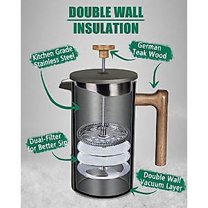 POLIVIAR French Press Coffee Maker, 34 Ounce Coffee Press with Real Wood Handle, Double Wall Insulation & Dual-Filter Screen, Food Grade Stainless Steel for Good Coffee and Tea (Cliff)