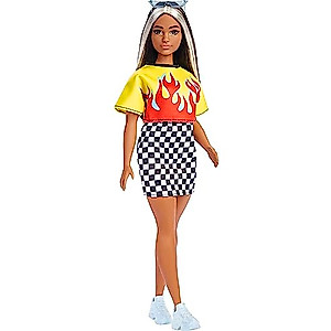 Barbie Fashionistas Doll, Curvy, Long Highlighted Hair & Flame Crop Top, Checkered Skirt, Sneakers & Sunglasses, Toy for Kids 3 to 8 Years Old