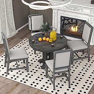 GINGVAT 5-Piece Farmhouse Style Extendable Round Dining Table Set,with 4 Upholstered Chairs,for Living Room,Kitchen, Black