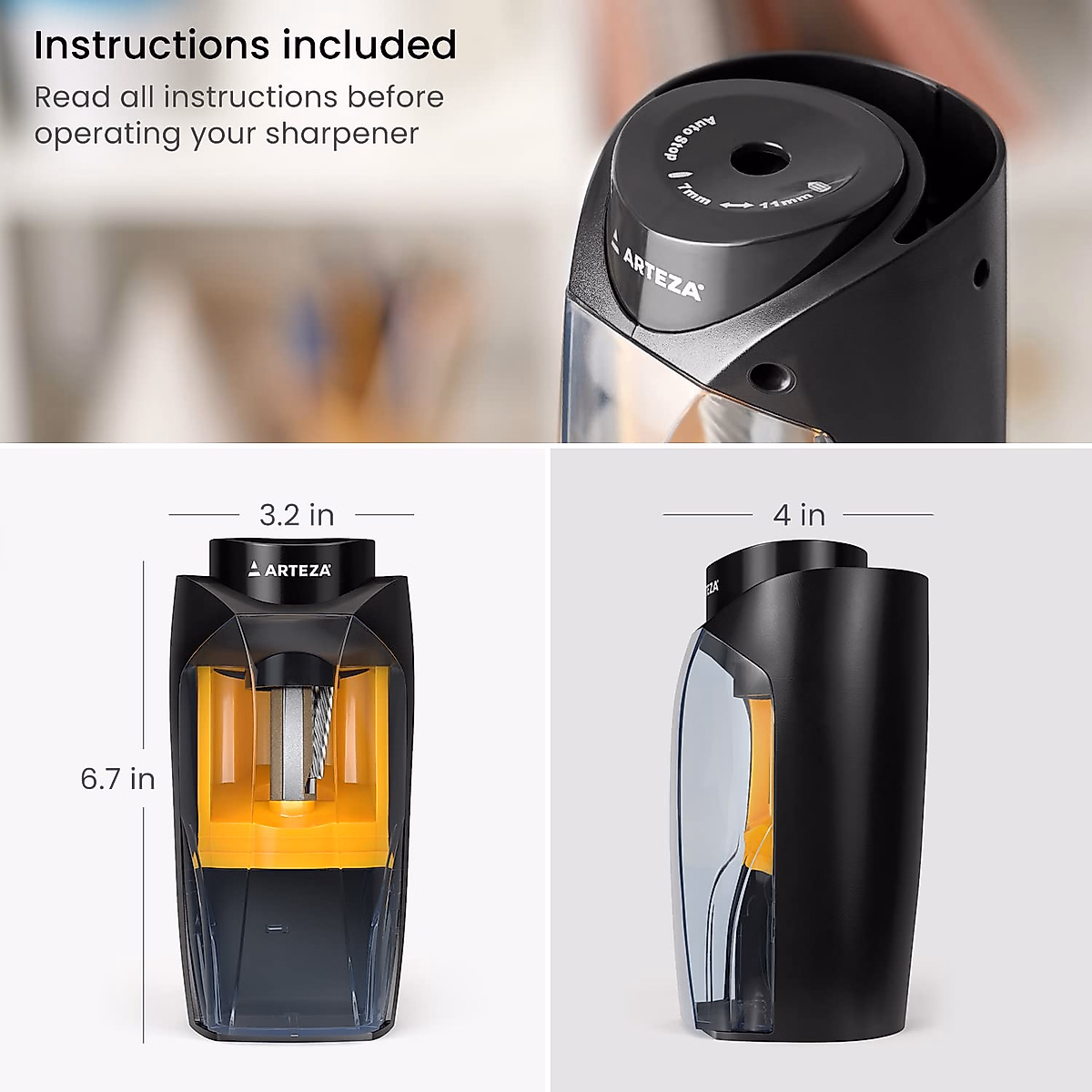 Arteza Electric Pencil Sharpener, Black, Fits 7–11-mm Pencils, Auto-Stop, Office Supplies for Teachers, Students, Classrooms, and Art Studios