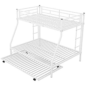 Tulib Twin Over Full Metal Bunk Bed with Sturdy Steel Frame, Bunkbed with Twin Size Trundle, Two-Side Ladders, No Spring Box Required, White