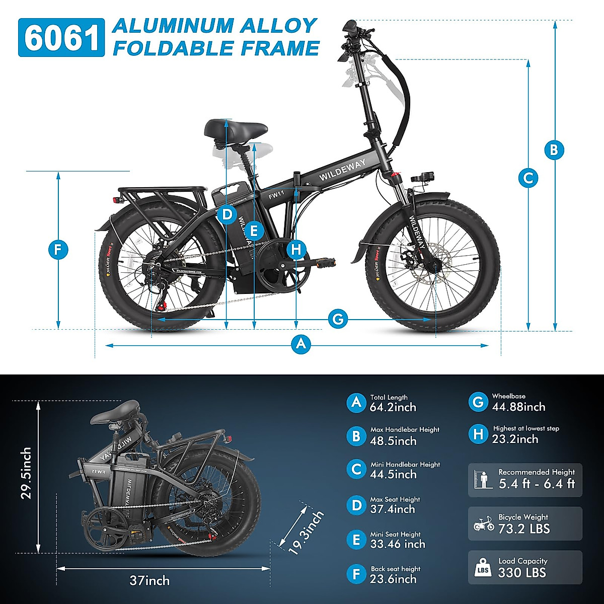 Wildeway FW11 Electric Bike 48V 32Ah Battery 750W 30MPH Folding Electric Bike for Adults, 20'' Fat Tire Mountain Ebike Bicycles, 7-Speed Gears and Dual Shock Absorber, Step-Thru 32AH Grey