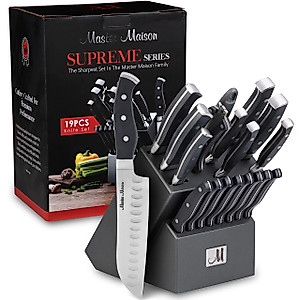 Master Maison Gray Kitchen Knife Set With Knife Block & Bonus Cleaver | German Stainless Steel Knives With Knife Sharpener & 8 Steak Knives | Butcher Block Knife Sets For Kitchen