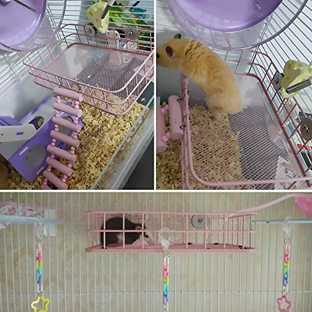 JSLZF Rat Cage Platform Accessories Hanging Rat Ledge Metal Ferret Hammock Squirrel Cage Bed Small Animal Habitat for Hamster, Sugar Glider, Rat- Pink