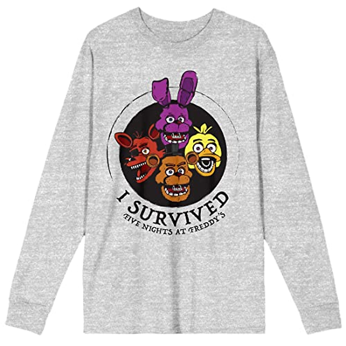 Five Nights at Freddy’s “I Survived” with Four Characters Men’s Heather Gray Long Sleeve Crew Neck Tee-XL