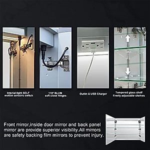 WELLFOR Bathroom LED Mirrored Cabinet with Adjustable Shelves, Dimmer, Outlets & USB Ports, Defog, Wall Bathroom Medicine Cabinet, Bathroom Mirror, Recessed or Surface, Double Opening Doors, 30" X 30"