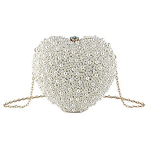 UONIFANS Womens Heart Shaped Evening Clutch Bag Artificial Pearl Purse Handbag for Wedding Party Prom (Beige)