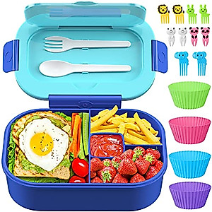 TIME4DEALS Bento Boxes for Adults 44oz - Leakproof 4 Compartments Lunch Containers Kids Bento School Lunch Boxes with Spoon & Fork, Perfect Size for On-the-Go Meal, Microwave and Food-Safe (Blue)
