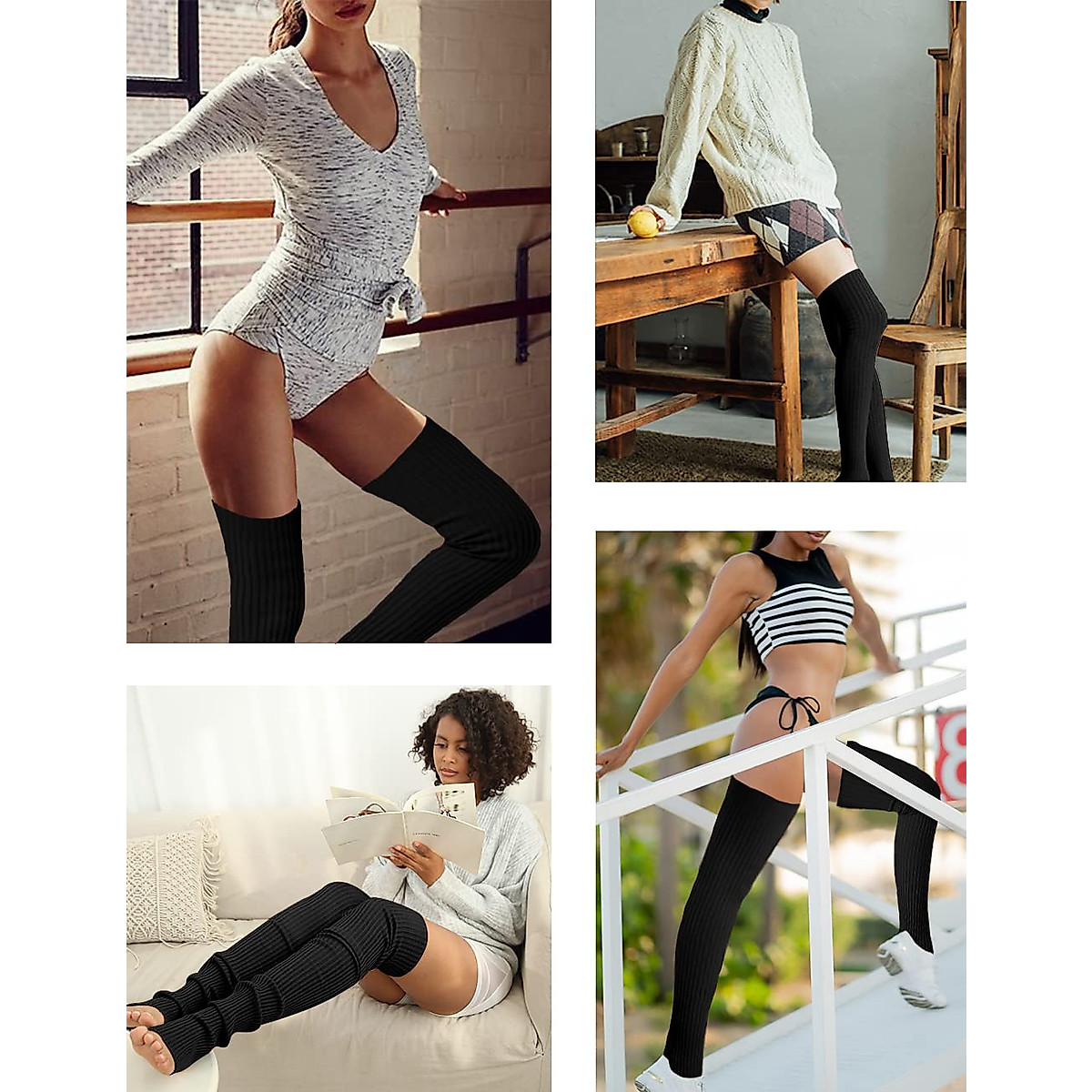 v28 Women Girls Thigh High Neon Ribbed Long 80s 90s Party Skating Leg Warmers (One Size, Hole86 -Black)