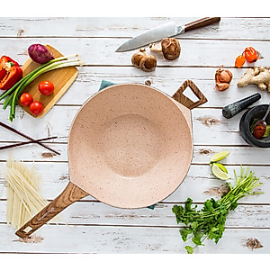 WaxonWare 12.5 Inch Non Stick Wok With Glass Lid Coated With Marbellous (A 100% PFOA & APEO Free German Non Stick Coating) - For Stir-Frying, Shallow Frying, Deep Frying & Braising