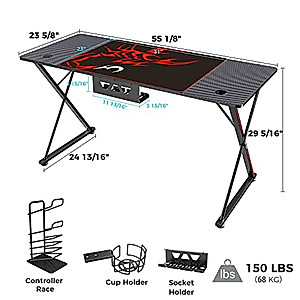 EUREKA ERGONOMIC Gaming Desk 55 Inch,PC Gaming Table, X Shaped Gaming Computer Desk with Mouse Pad, Carbon Fiber Home Office Gamer Desk with Cup Holder & Headphone Hook & Controller Stand,Black