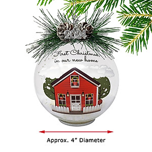 First Christmas in Our New Home Dated 2023 Charm - LED Lighted Glass Ball Ornament with Glittery Snow, Pinecones Greenery