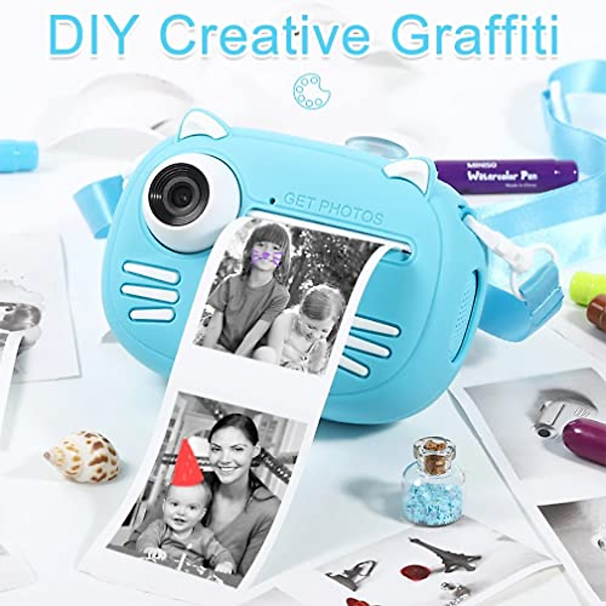 QSYY Children's Instant Camera 40MP Dual Lens 2.4 Inch Screen 32G Memory Card 33 Rolls of Printing Paper Colored Pencil Backpack Lanyard,Blue