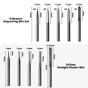 Genmitsu 50pcs Tungsten Carbide End Mill Router Bits, 1/8'' Shank CNC Bit Set Including 2-Flute Straight Bit, Flat Nose & Ball Nose End Mill, PCB Drill & V-Groove Engraving Bits, Nano Blue Coat, MC50A