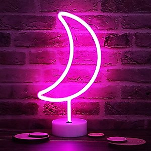 LED Neon Moon Lights, Moon Shape Neon Signs Crescent Night Lights Battery Operated Desk Table Lamp for Bedroom, Bar, Wall Decor-Moon with Holder Base(Pink)