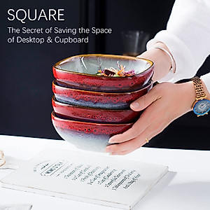 HENXFEN LEAD Ceramic Cereal Bowls, Square Serving Bowls 22 Oz for Side Dish, Appetizers, Salad - Oatmeal, Soup, Fruit Bowls Microwave Oven Safe, Set of 4 - Reactive Red