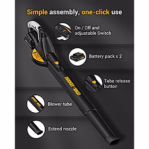 Cordless Leaf Blower with 2 X 20V Battery and Charger, Rock&Rocker Electric Leaf Blower 120MPH/170CFM 6 Adjustable Speeds and 2 Adjustable Tubes for Lawn Care/Yard/Jobsite/Patio