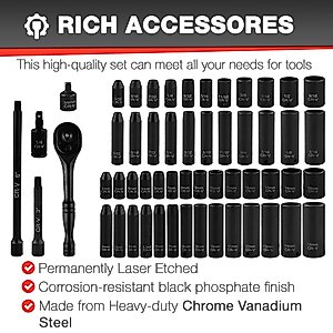 EACELIY 55pcs 1/4" Impact Socket Sets,SAE/Metric, Deep/Shallow, 6 Point，Cr-V Steel，(5/32"-9/16", 4-15mm) Sockets with 72 Tooth Ratchet，Extension bar，Universal Joint and Socket Adapter