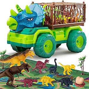 TEMI Dinosaur Truck Toy for Kids 3-5 Years, Triceratops Transport Car Carrier with 8 Dino Figures, Activity Play Mat, Dino Eggs and Trees, Capture Jurassic Dinosaurs Play Set for Boys and Girls