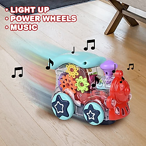 ArtCreativity Light Up Transparent Toy Train for Kids, 1PC, Bump and Go Toy Car with Colorful Moving Gears, Music, and LED Effects, Fun Educational Toy for Kids, Great Birthday Gift Idea