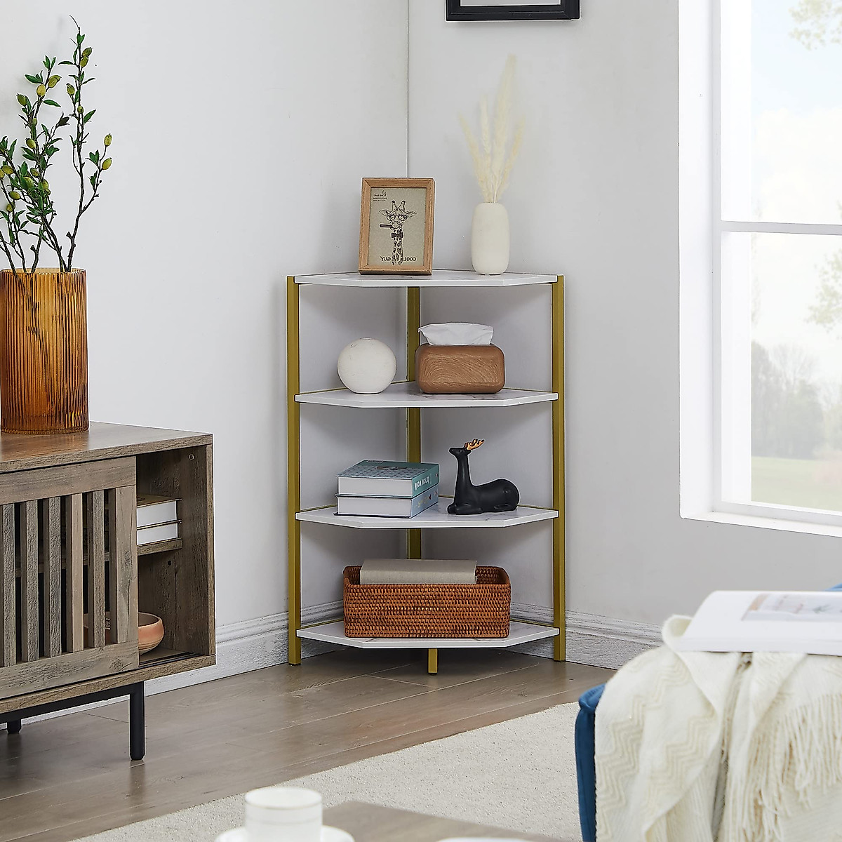 VECELO 4-Tier Corner Bookcase, Floor Standing Bookshelf, Storage Shelf Unit Rack, 31 in Plant Stand for Home Office, Living Room, Kitchen, Small Space, Marble White