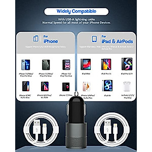 [Apple MFi Certified] iPhone Car Charger,3.4a Fast Charge Dual Port USB Cargador Carro Lighter Adapter USB Car Charger iPhone Metal Cigarette Lighter [2Pack] Lightning Cable for iPhone/iPad/Airpods