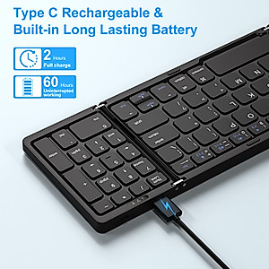 Erkovia Foldable Bluetooth Keyboard, Wireless Portable Keyboard with Numeric Keypad, Dual Modes Bluetooth/USB Wired Travel Keyboard for iOS/MacOS, Android, Windows Device(Not Full Size)