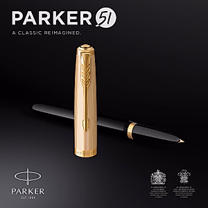PARKER 51 Deluxe Fountain Pen | Black Barrel and Gold Attributes | Medium Nib in 18 Carat Gold | Black Ink Cartridge | Delivered in Gift Box
