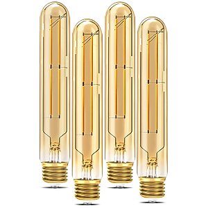 Tubular Light Bulb 7.3 Inch, Amber Long Tube Light Bulb T10 2700K Soft White Dimmable E26 LED Edison Bulbs 60 Watt Equivalent for Chandelier Vanity Outdoor Exterior Wall Sconce Pendant Light, 4Pack