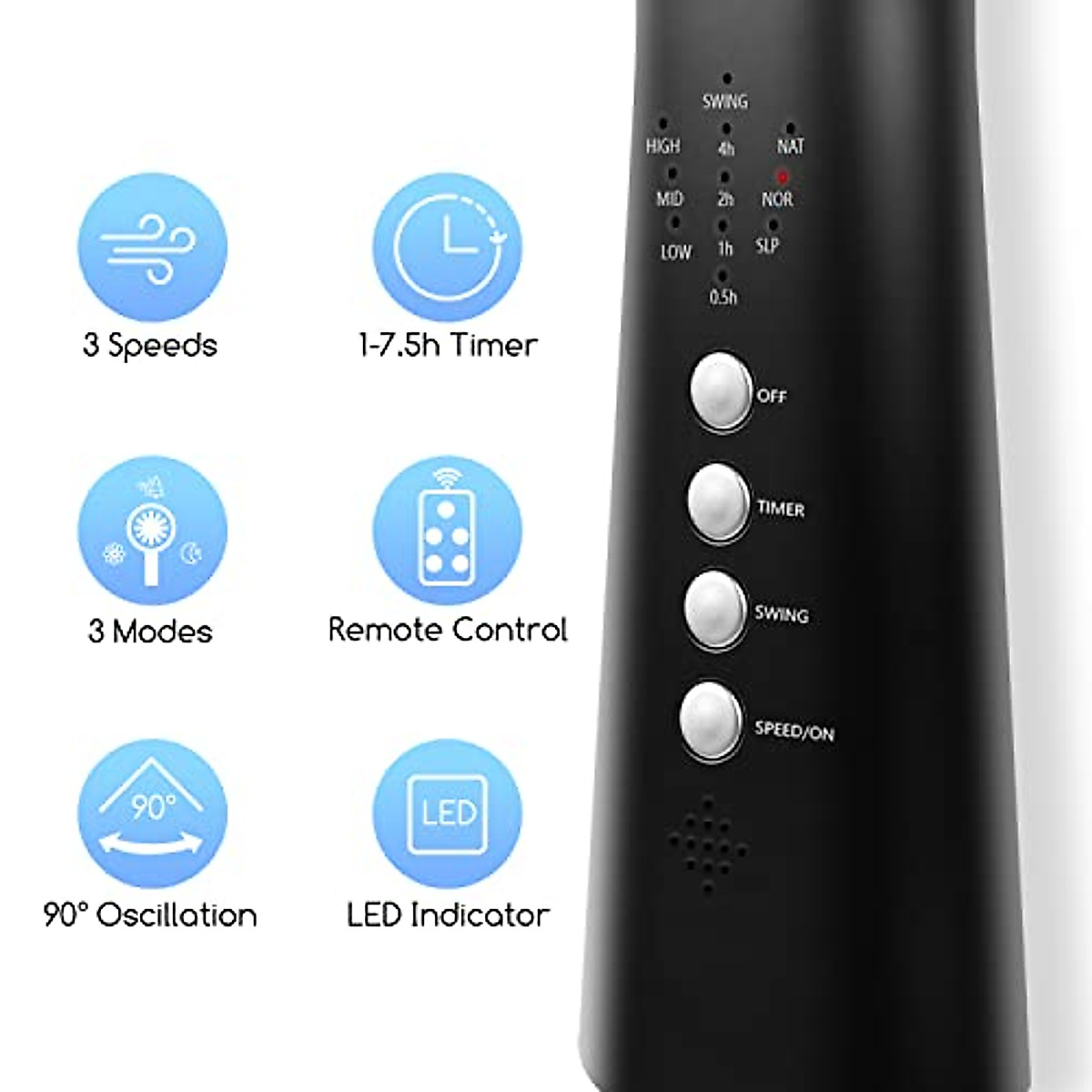 Aigostar 16“ Standing Fan, 5-Blade Oscillating Pedestal Fan with Remote Control, 3 Speed Settings, 3 Wind Modes, 7.5H Timer, Adjustable Height Cooling Fan for Bedroom, Home, Office, Black
