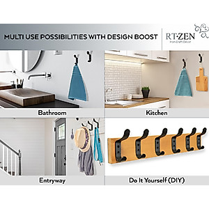 RTZEN Black Wrought Iron Wall Mounted Towel Holders and Coat Hooks Set - Handcrafted Classic Farmhouse Multipurpose Hanging Pieces for Home - Hand Towel Bar, Bath Towel Bar and 3 Pack Double Hooks