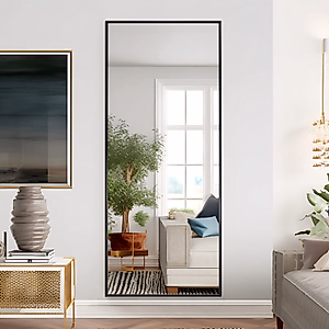 Pexfix Full Length Mirror Hanging Mirror Dressing Mirror Wall-Mounted Mirror with Stand,Full Body Mirror with Aluminum Alloy Thin Frame,Black,65"x22"