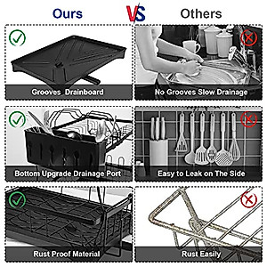 gretuld Dish Drying Rack,2 Tier Detachable Dish Drying Rack with Drainboard Set for Kitchen Counter,Black Metal Dish Rack with Wine Glass Holder and Utensils Holder