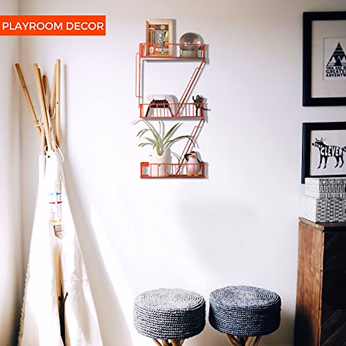 KOTIJOKI Fire Escape Wall Shelf - New York Metal Decorative Shelf with Screwdriver & Screws, Rustic Wall Shelves for Bedroom, Home Décor, Action Figure Display (3-Tier Red Floating Shelves)