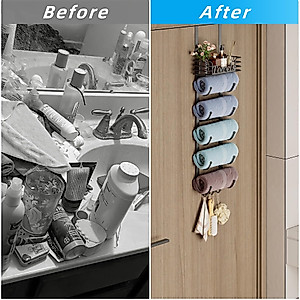 Over The Door Towel Racks for Bathroom,6 Tier Towel Rack Wall Mounted with Metal Shelf and Hooks,Rolled Towel Storage for Bathroom Door Holder Organizer Hanging,Black