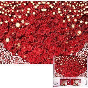 BINQOO 7x5ft Valentine's Day Red Rose Photography Backdrop Red Floral Wall Background Wedding Bridal Shower Women Party Red Flowers Wall Background Girls Birthday Party Supplies