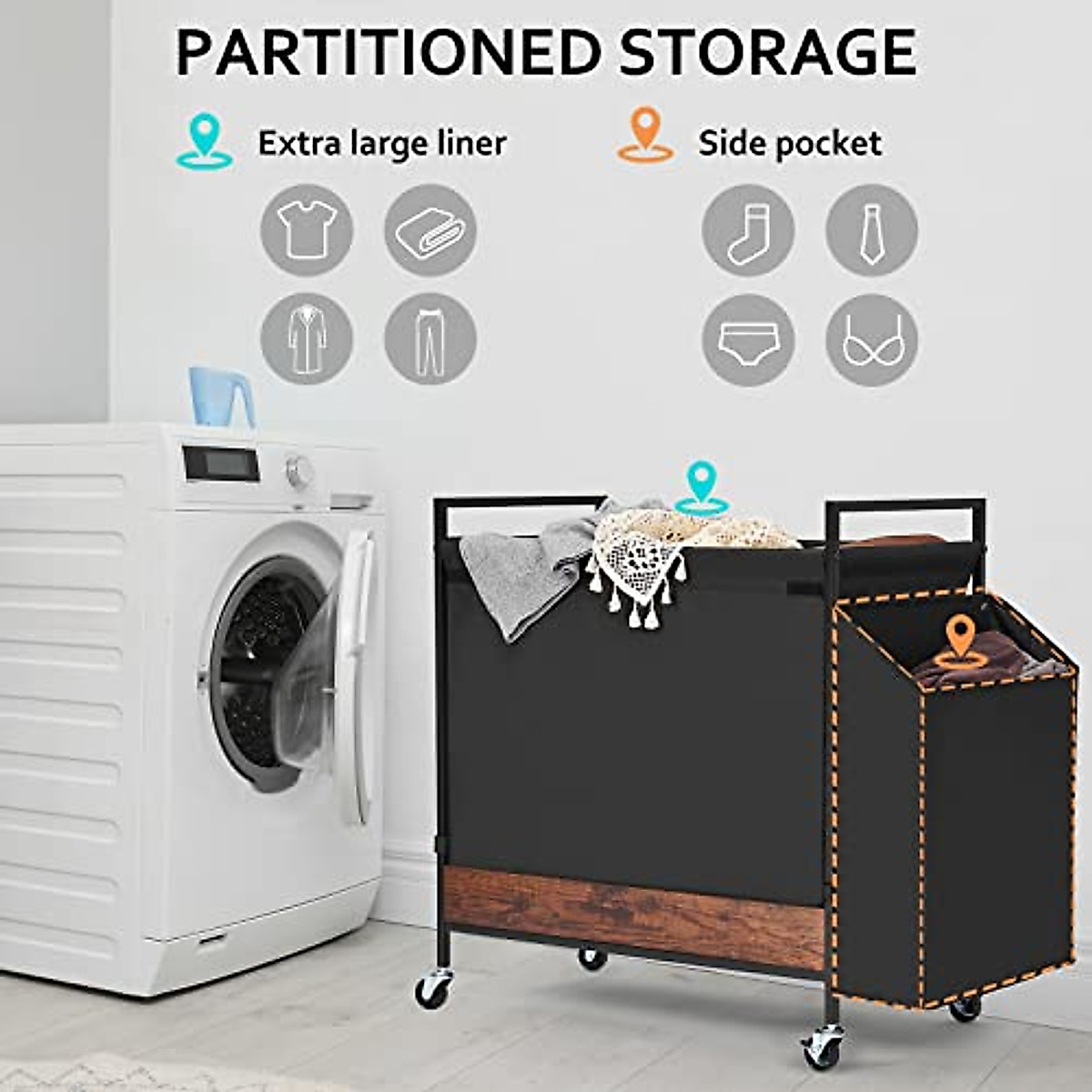 Laundry Hamper with Wheels; 174L Extra Large Rolling Laundry Cart with Removable Liner Bag; Heavy Duty Laundry Basket with Side Pocket; Commercial Laundry Sorter with Metal Frame & Fabric Lid (Black)