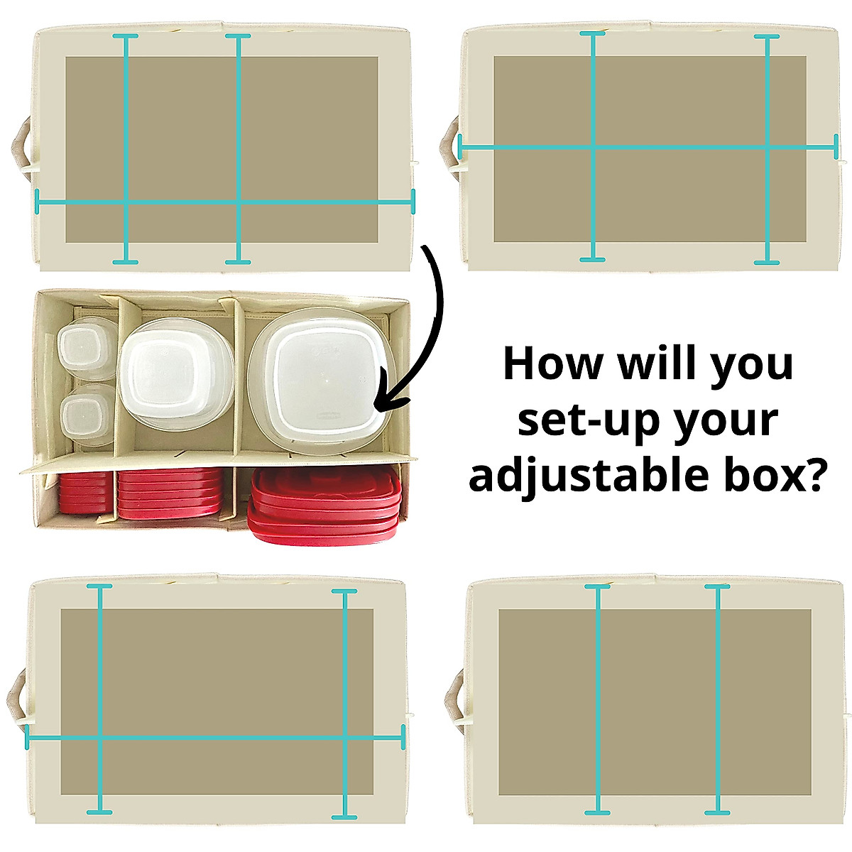 HappiBox Food Storage Container Organizer Box – Kitchen Drawer Organizer Compatible with Tupperware, Rubbermaid, Glad Containers and Lids – Adjustable Foldable Cloth Box