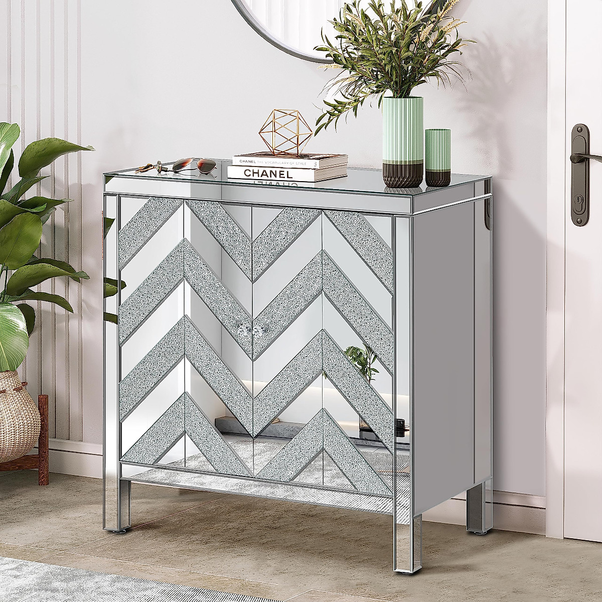 LUMISOL Silver Mirrored Cabinet, Modern Sideboard Cabinet for Entryway Living Room, Floor Cabinet with Crystal Design Handle, Accent Cabinet, Silver White