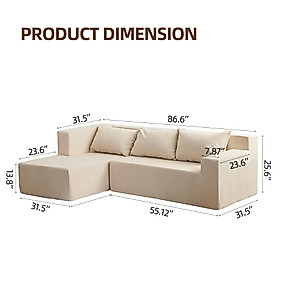 Dolonm Convertible Sectional Sofa Couches, 3 Seat L Shaped Modular Sofa for Living Room Bedroom, 86.6 inch Foam Couch with Chaise, Comfy Minimalist Furniture Set for Apartment, Beige