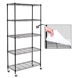 5-Shelf Shelving Units and Storage on Wheels with 5-Shelf Liners, NSF Certified, Adjustable Carbon Steel Wire Shelving Unit Rack for Garage, Kitchen, Office, Black (63H X 30W X 14D)