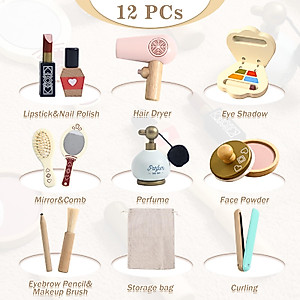 OESSUF Kids Makeup Kit for Girl, Wooden Makeup Toy Set for Toddlers, Pretend Wood Beauty Salon Toys Set for Kid Children Princess, Christmas Birthday Gift Toy for 3 4 5 6 7 8 9 10 Year Old