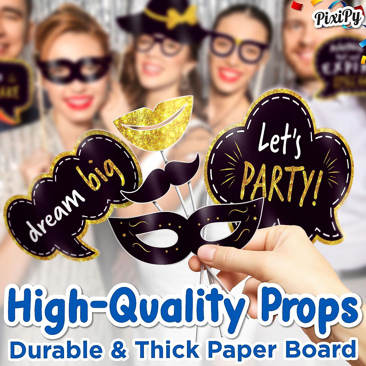 Premium Birthday Photo Booth Props Kit - 27 Pieces Black & Gold Party Decorations - Durable & Easy-to-Use Photobooth Props Signs for Memorable Photos - Party Supply Decorations - by PixiPy