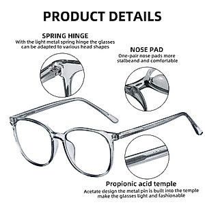 FONHCOO Blue Light Blocking Glasses Fashion Round TR90 Frame Transparent Eyewear Anti UV Blu-Ray Computer Glasses for Women Men (Grey)