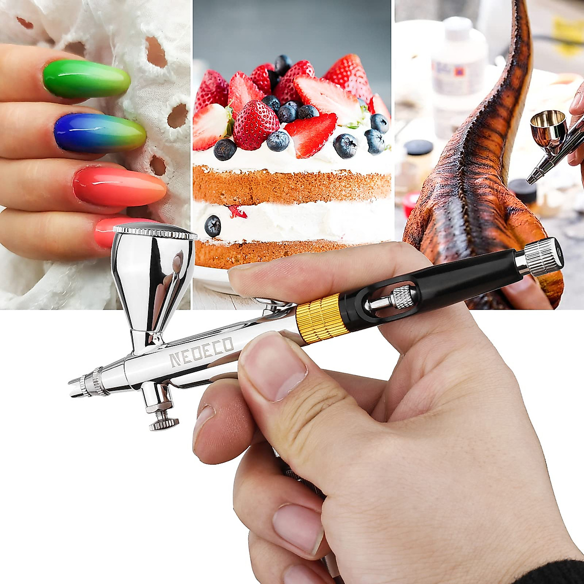 NEOECO Multi-Purpose Airbrush Kit, Dual-Action Gravity Feed Air Brush Sets with with Crown Nozzle, 9cc 20cc 40cc Cup, 0.2, 0.3 & 0.5mm Needles for Makeup Nail Art Shoes Tattoo Cake Toy Model(Black)