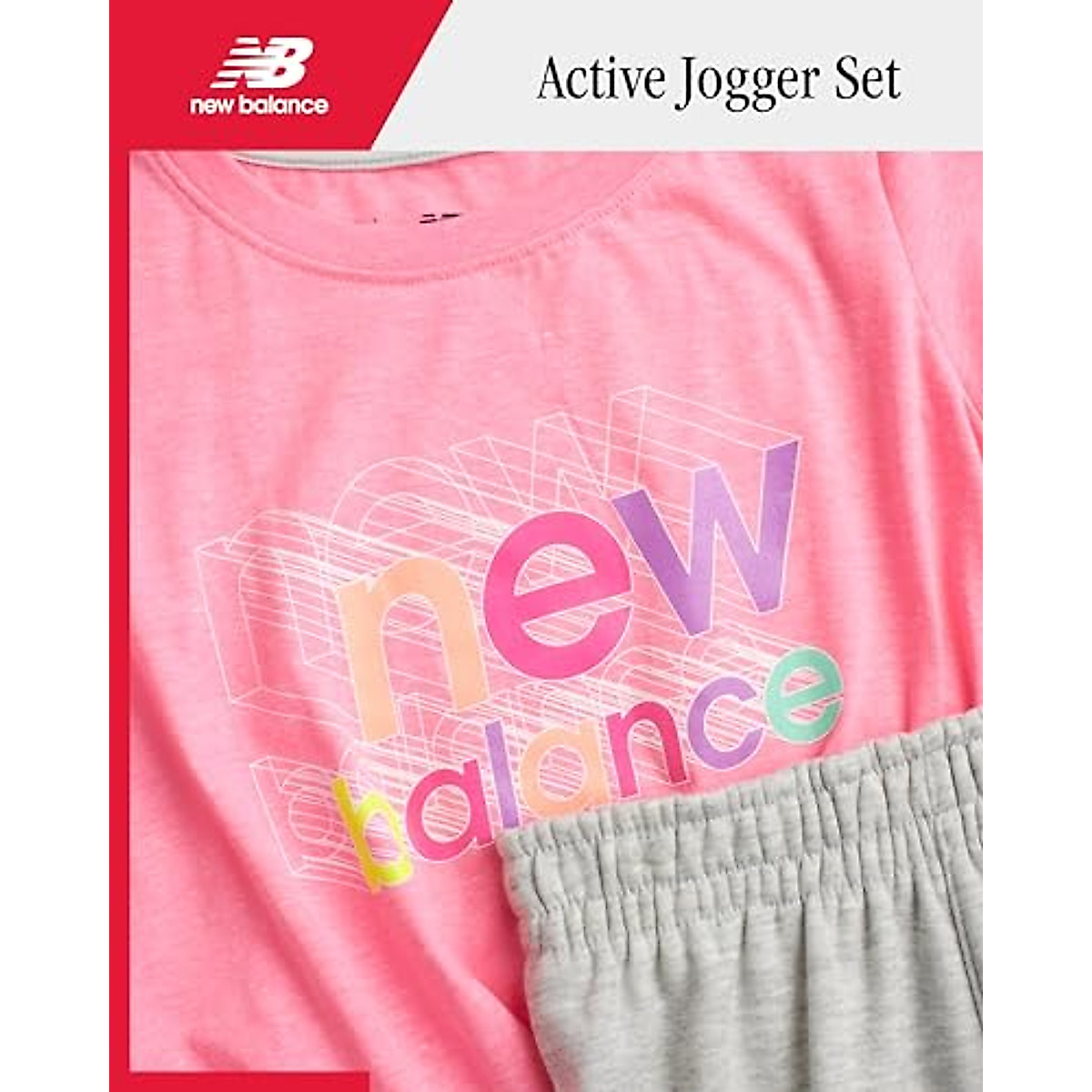 New Balance Girls' Jogger Set - Short Sleeve Performance T-Shirt and Sweatpants (7-16), Size 10-12, Pink Gret